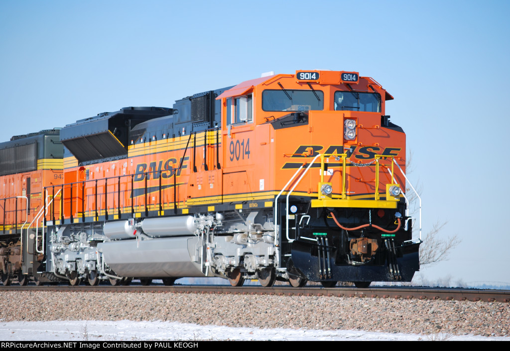BNSF 9014 and BNSF 9470 wait to roll eastbound at Aurora, NE.